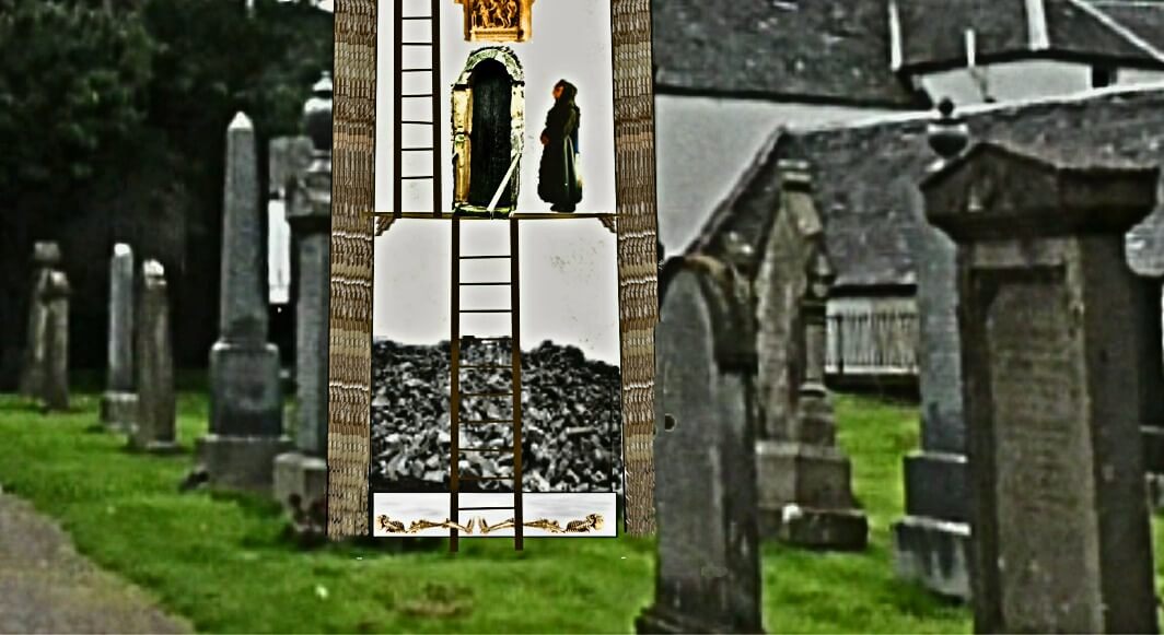 abernethy, irish round tower,rubble, skeletons, cropped to skeletons ...