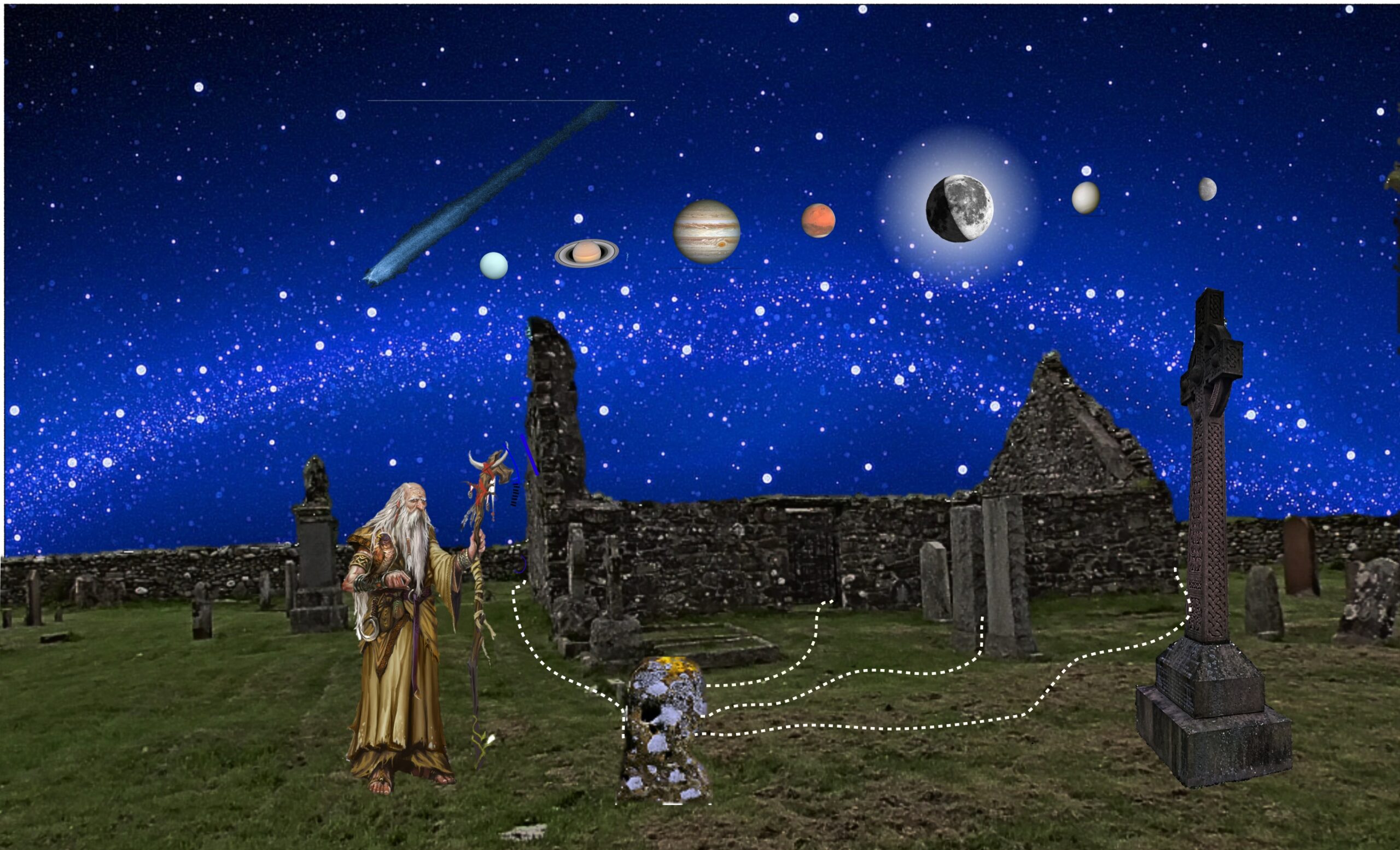 Dundurn with planets and ley line around chapel – Ley Lines